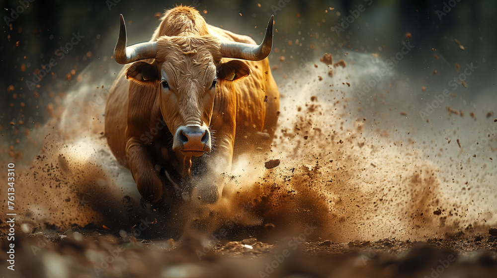 Powerful bull charging through a dusty field with sunlight highlighting ...