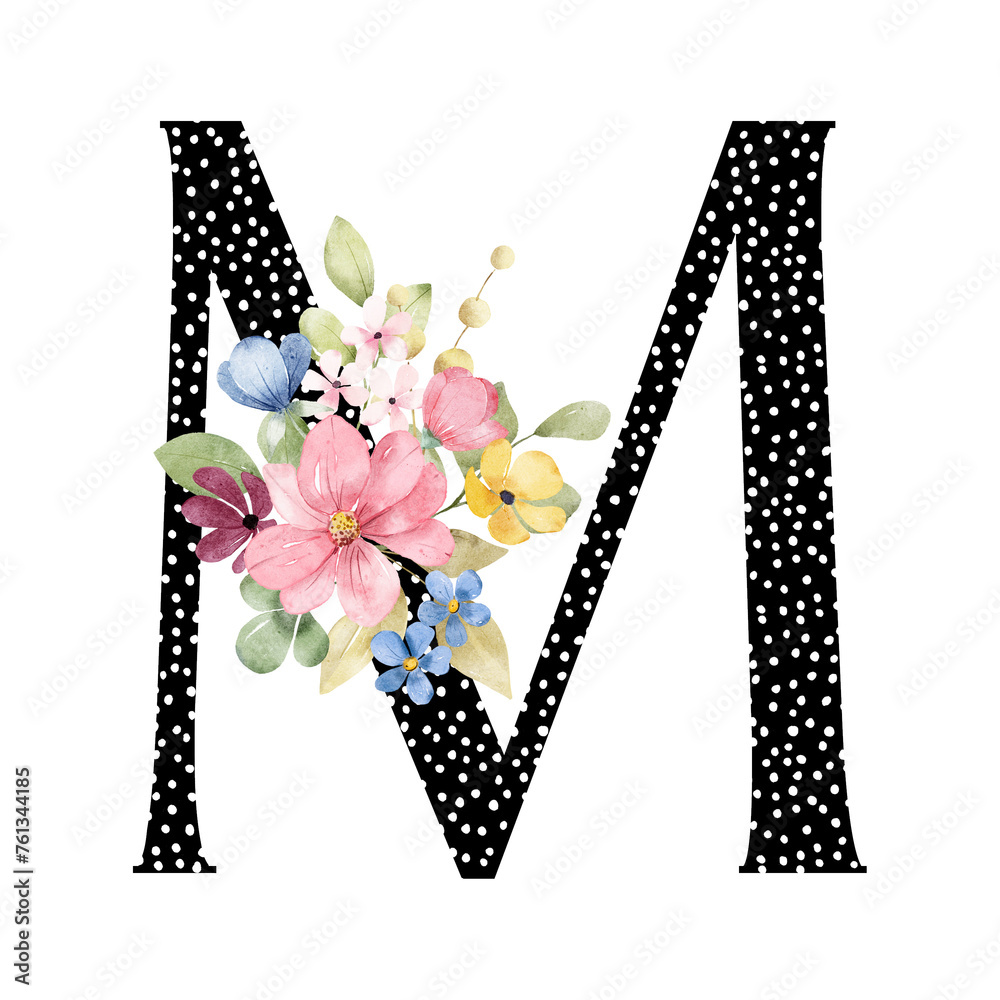 Letter M with watercolor flowers and leaf. Monogram initial, letterhead ...