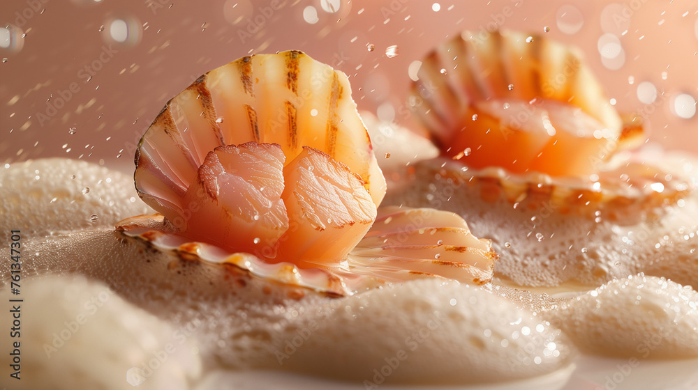 Sea delicacy. Fresh seafood. Cooked scallop on scallop shell and sea ...