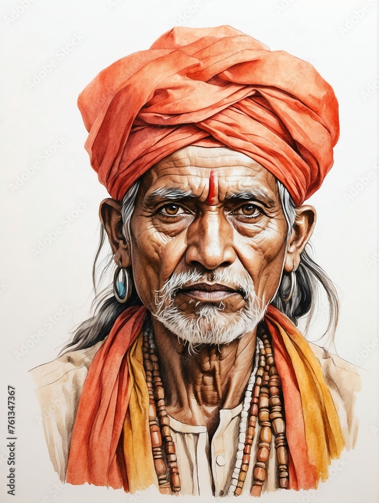 Typical native traditional man of india hand drawn sketch portrait on ...