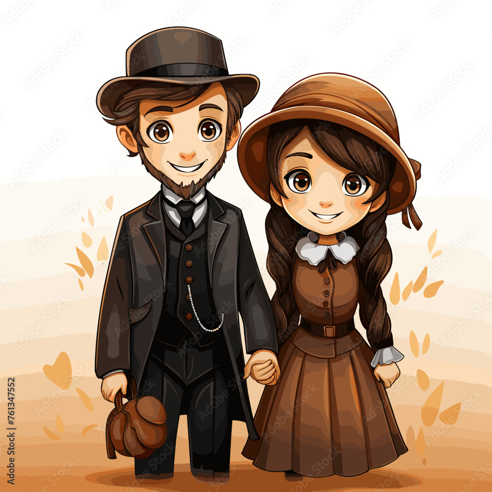 Amish couple hand-drawn comic illustration. Amish couple. Vector doodle ...