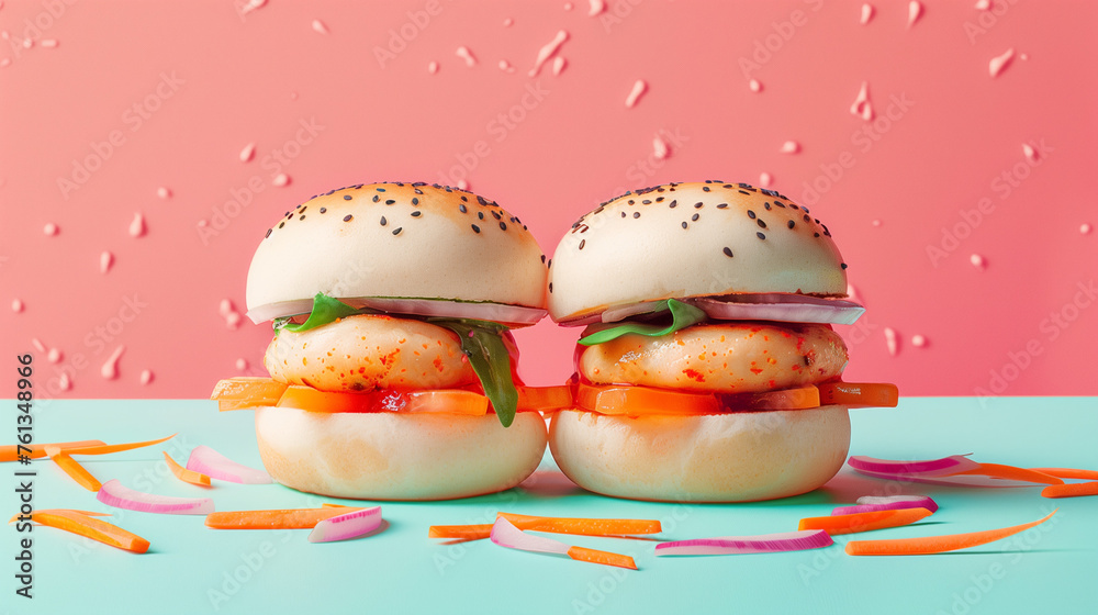 Row of steamed bao buns with vegetable and crab sauce on plain pink ...