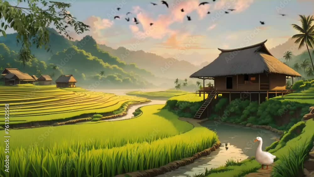 Traditional farmer's house in the rice terraces. Seamless looping time ...