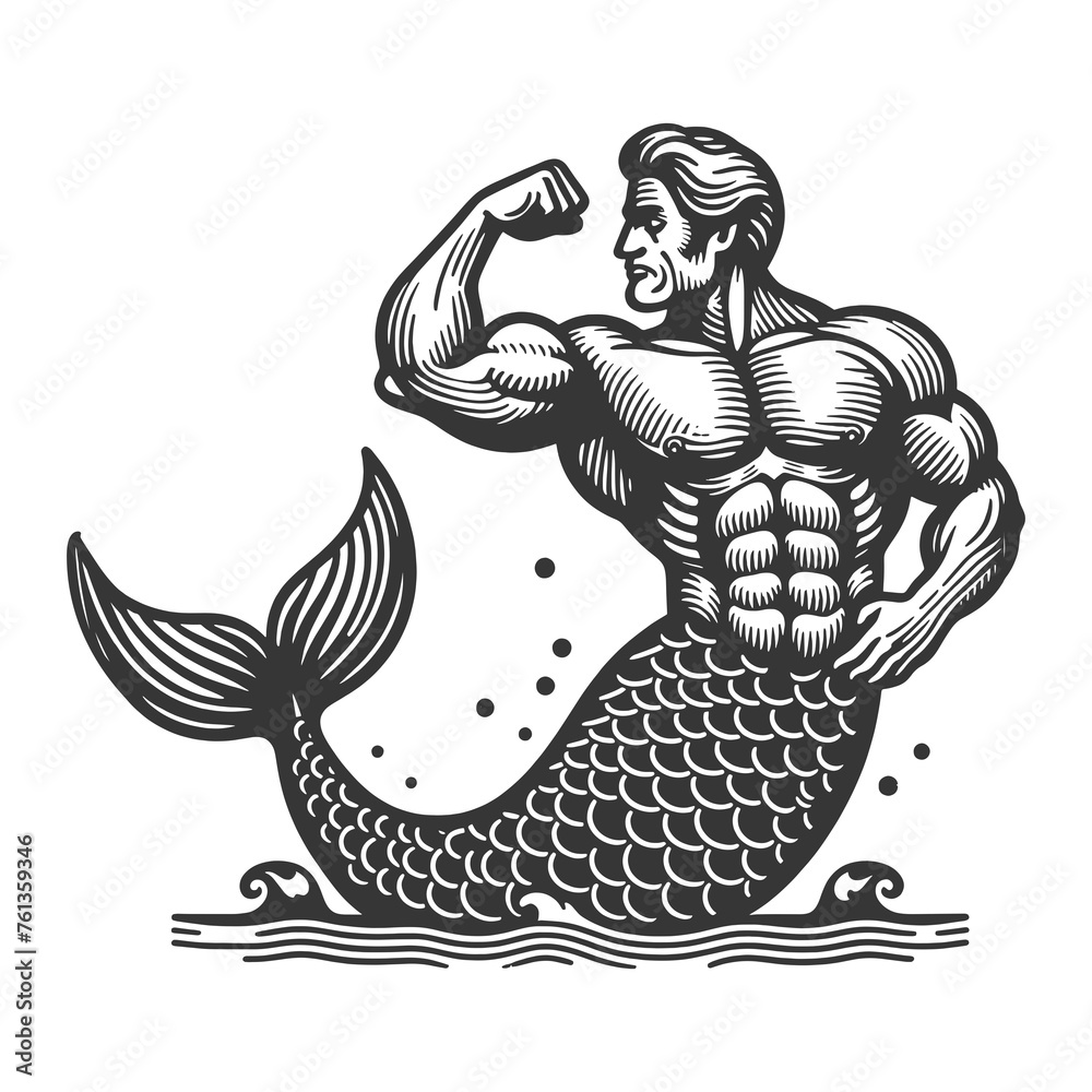 Strongman muscular merman athlete with muscular merman flexing his ...