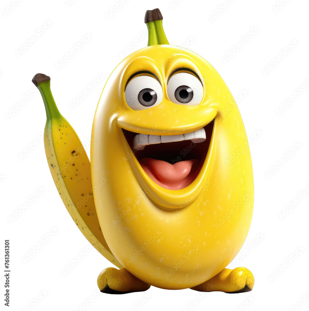 A cartoon banana with a big smile on its face. The banana is holding two bananas in its mouth ...