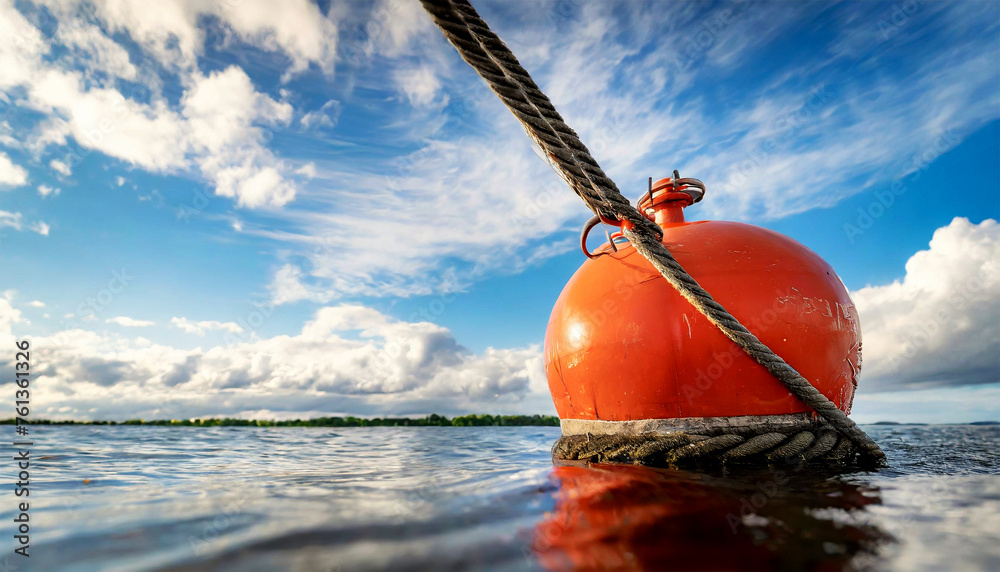 Closeup and bottom view of a red and orange large buoy for mooring ...
