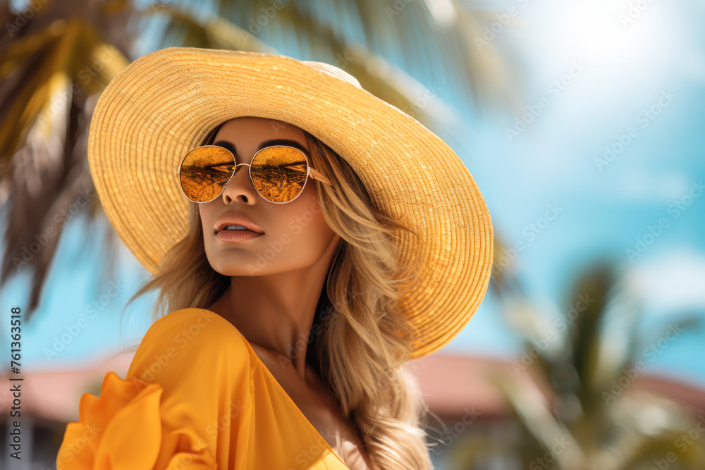 Tropical Elegance. A stunning woman in a sun hat and reflective ...
