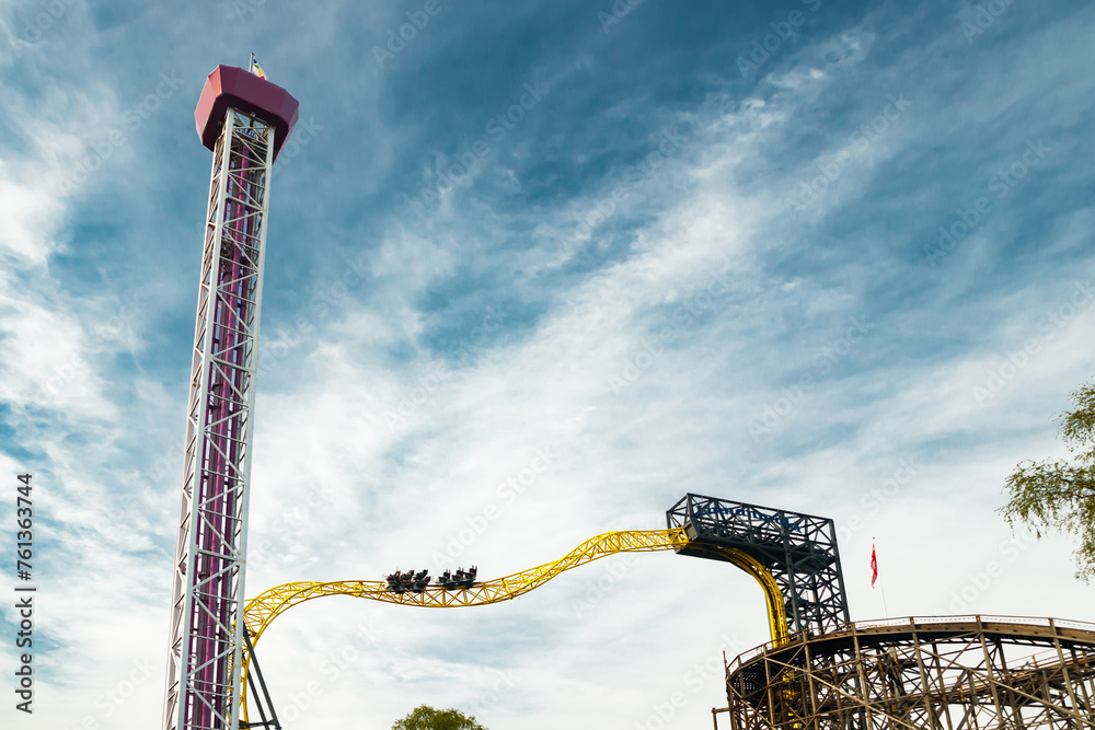 Helsinki, Finland - 21 May 2023: Linnanmaki amusement park, rides tower ...