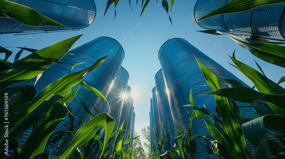 A perspective shot looking up at the towering silos from within a dense ...