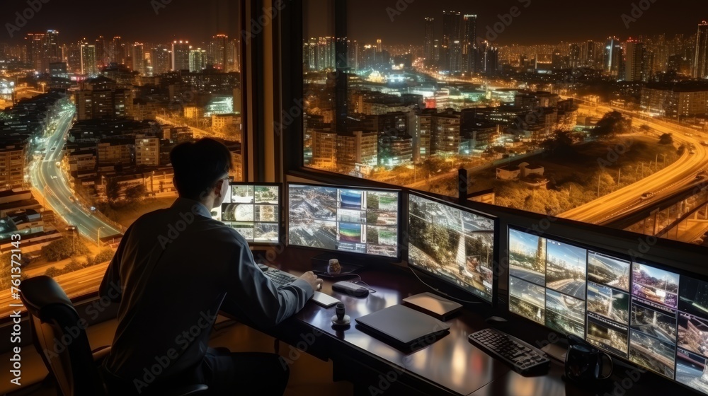 Security guards monitoring traffic control room with video wall for ...