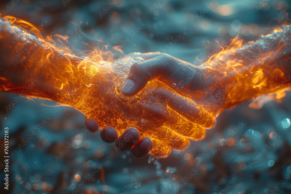 A powerful handshake with energy waves radiating from the point of ...