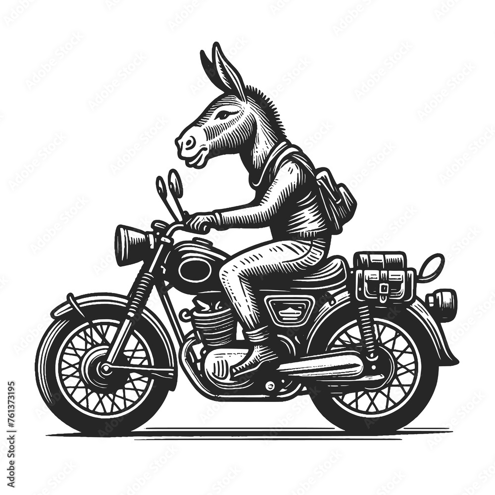 donkey riding a classic motorcycle, with a humorous and whimsical ...