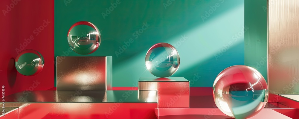 Colorful geometric shapes of smooth and shiny spheres on steps of ...
