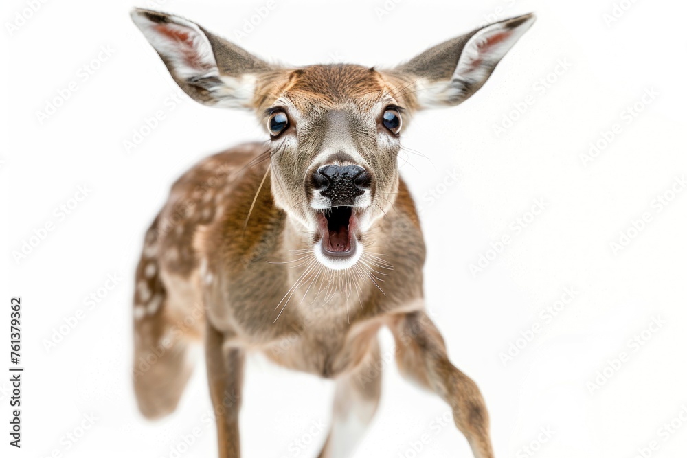 full body Funny Portrait of surprised running doe with bulging big eyes ...