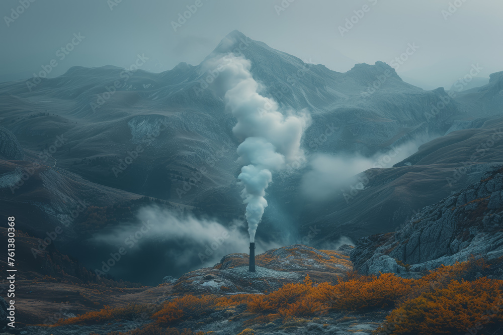 A smoke signal rising from a mountain, portraying an ancient method of ...