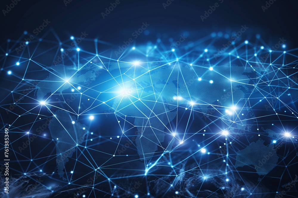 A blue digital map of the world with an abstract satellite in orbit ...