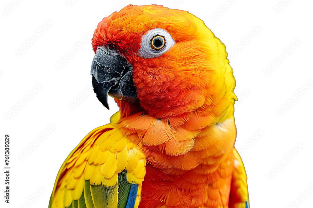 A portrait of a sun conure with its head tilted, isolated on ...