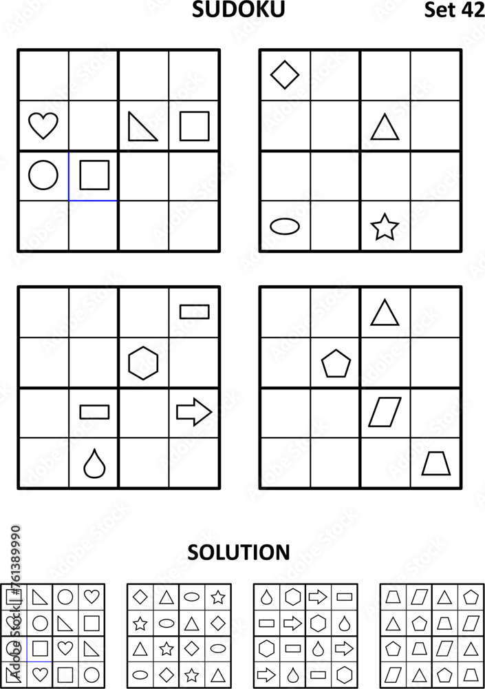 Sudoku - four picture puzzles for brain workout. Print and draw shapes ...