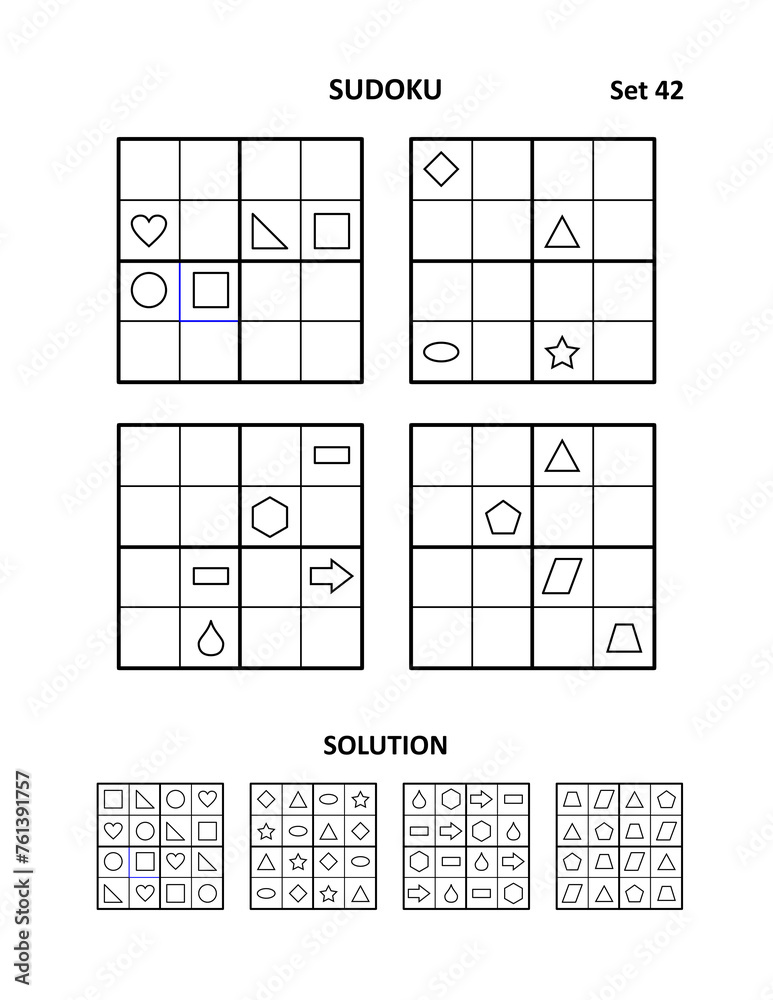 Sudoku - four picture puzzles for brain workout. Print and draw shapes to fill in the blanks ...