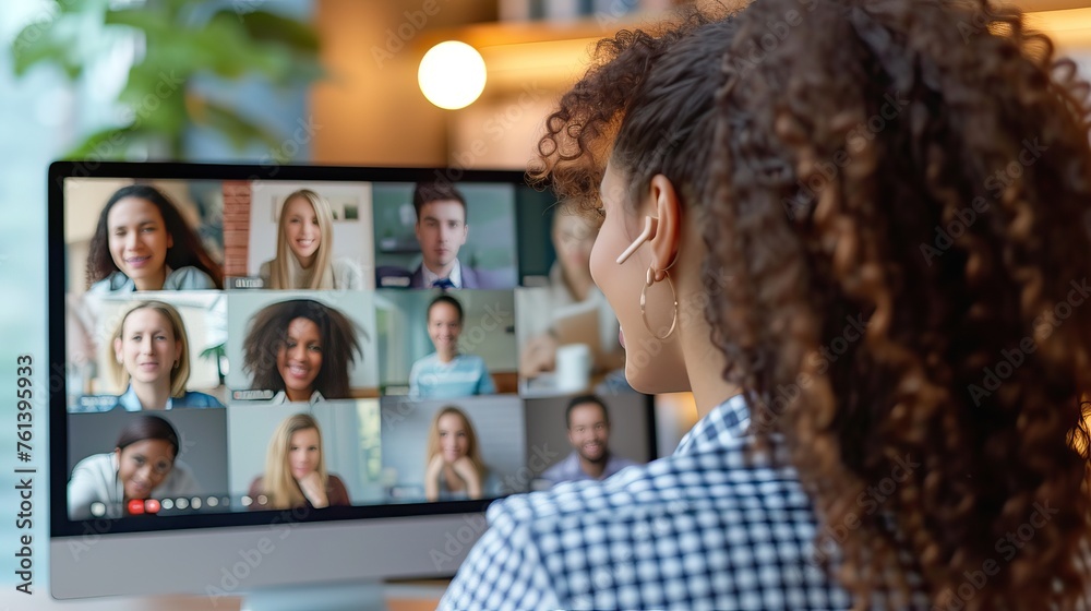 Virtual Meeting Video Conference. A woman sits confidently at her desk ...