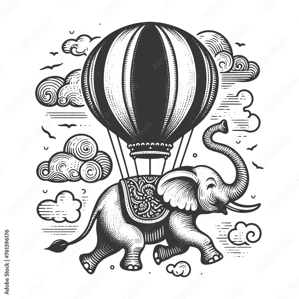 elephant flying with a hot air balloon, surrounded by whimsical clouds ...
