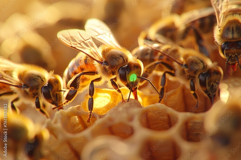 A vivid portrayal of the queen bee, marked with a colored dot, laying ...
