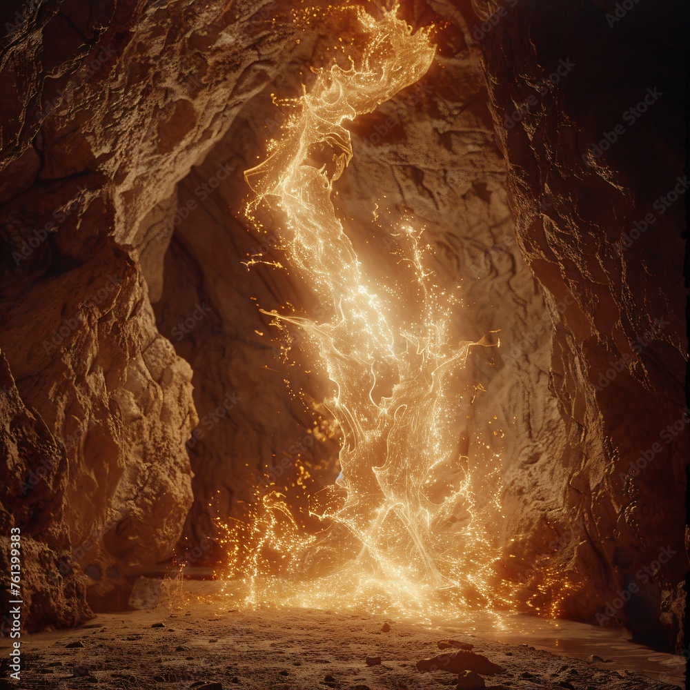 Holographic fire flame dancing around a mysterious artifact in a dark ...