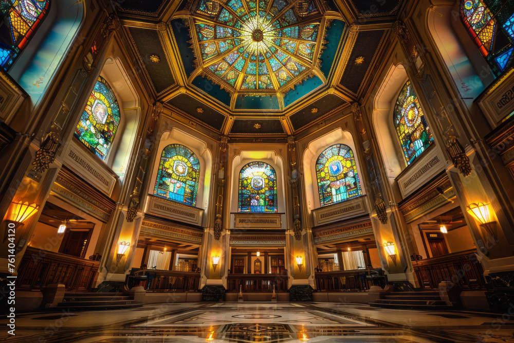 Majestic Masonic lodge interior adorned with symbolic stained glass ...