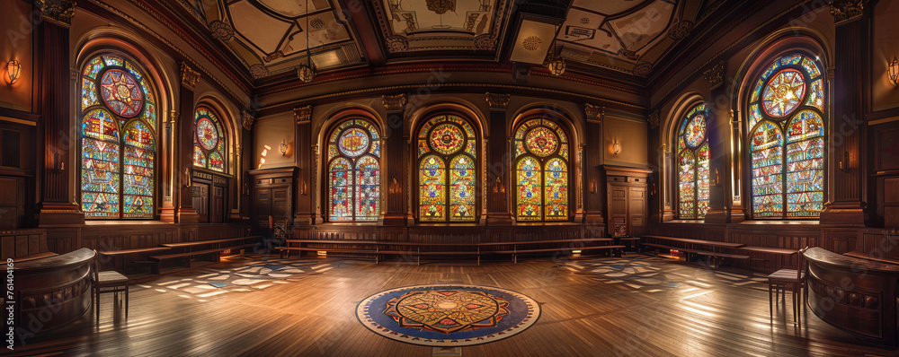 The interior of a majestic Masonic lodge adorned with stained glass ...