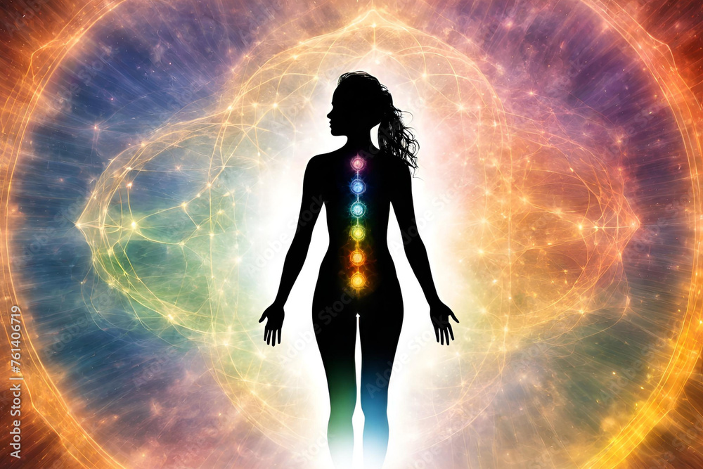 Picture of human energetic body silhouette with aura and chakras. Theme ...