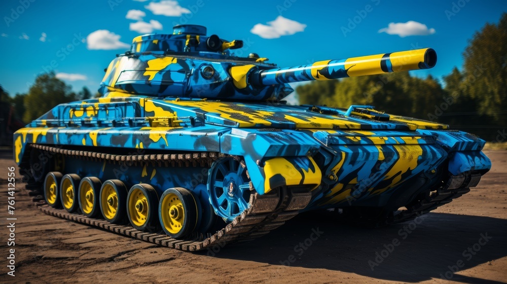 Ukrainian flag adorned battle tank as a symbol of military strength and ...