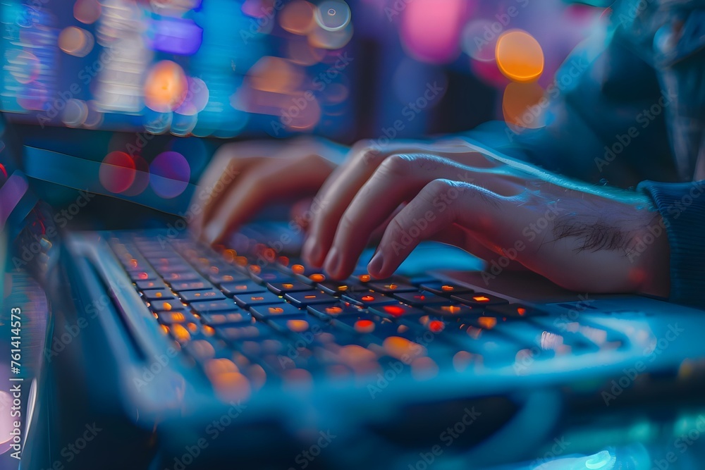 A professional programmer working on code typing on a laptop keyboard ...