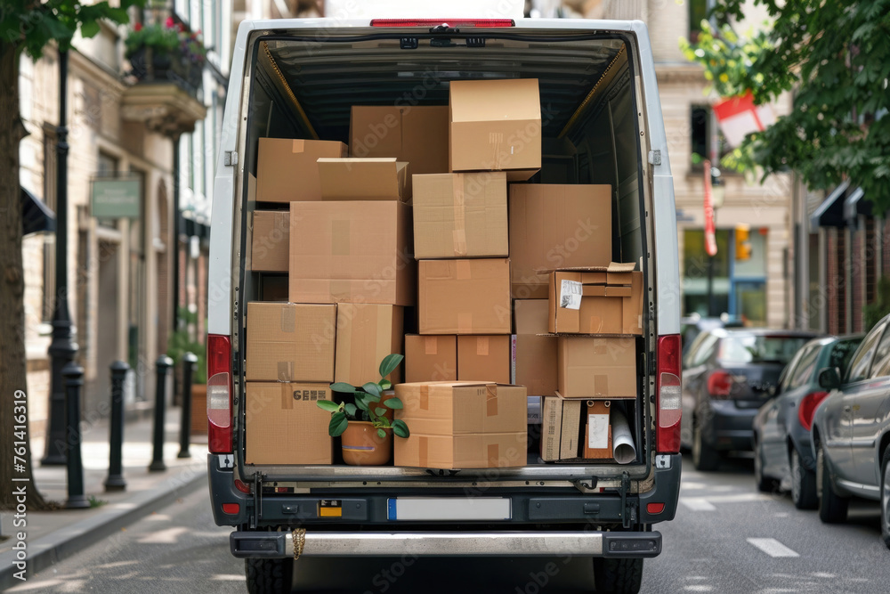 Open lorry car trunk full of moving cardboard boxes and furniture ...