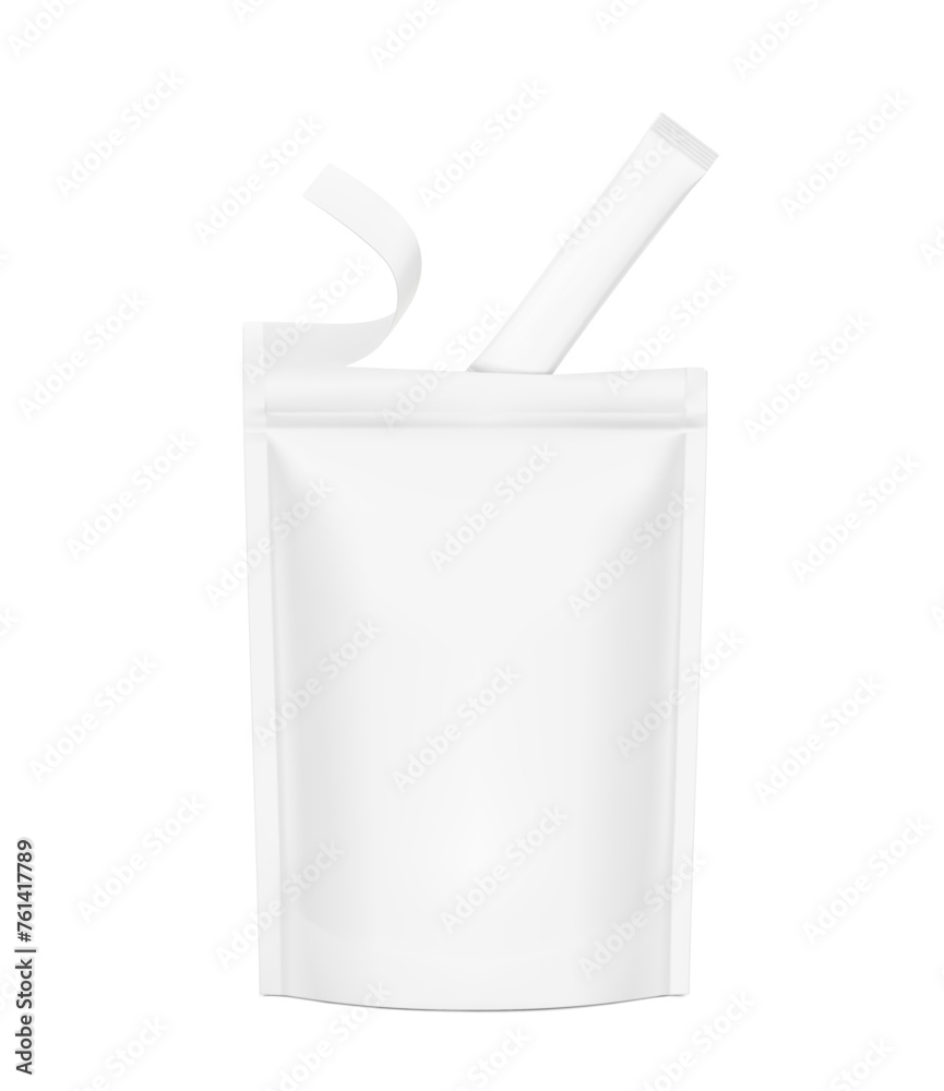Realistic torn stand up pouch bag with stick mockup set. Vector ...