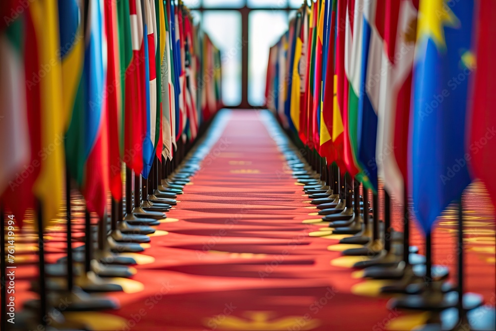 Different flags of different countries on the red carpet. Close-up ...
