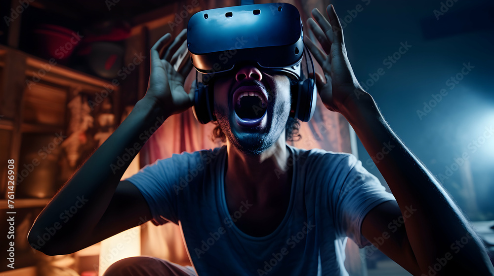 A gamer immersed in a VR horror experience, reacting to virtual scares ...