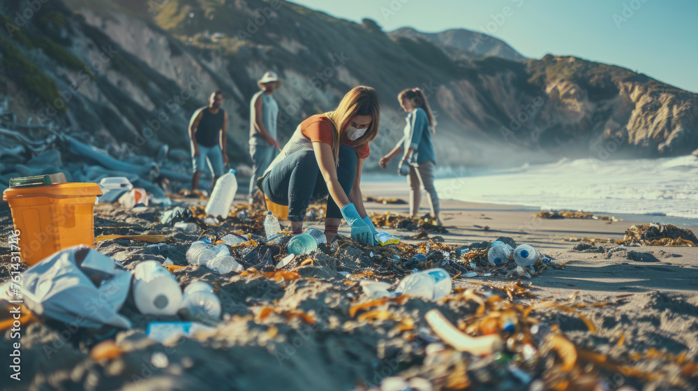 a group of people cleaning up trash on the beach, expressing care and ...