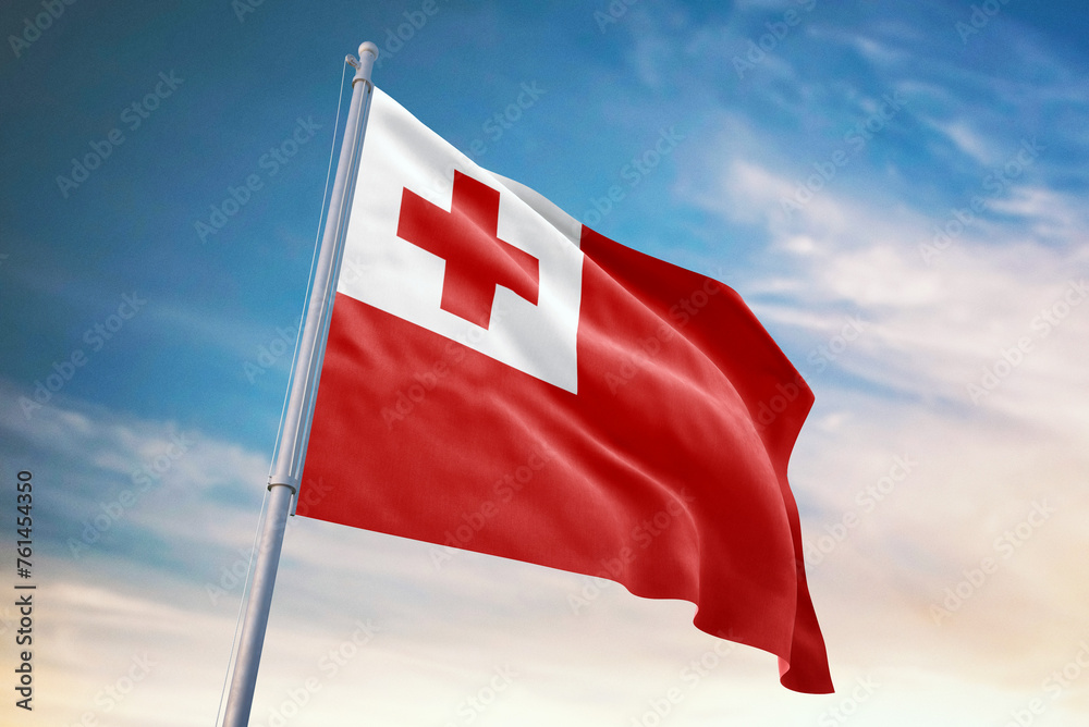 Waving flag of Tonga in blue sky. Tonga flag for independence day. The ...