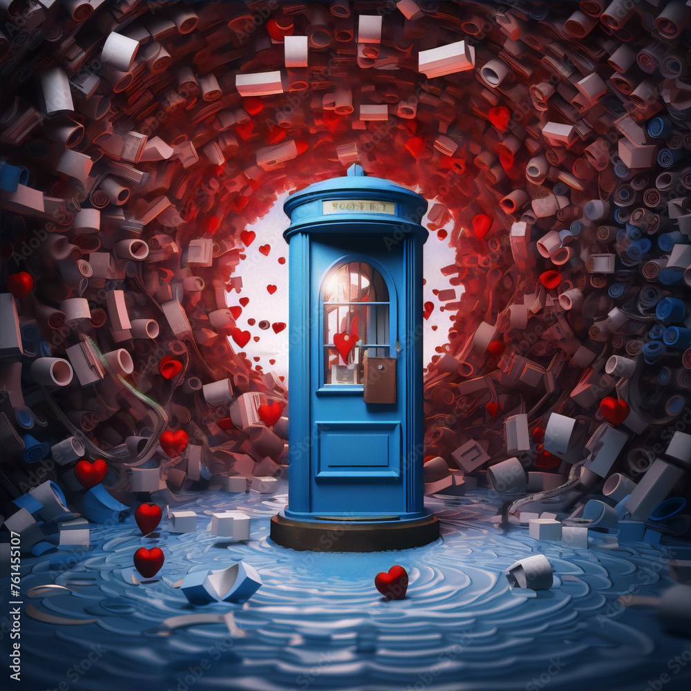 Surreal blue telephone booth in a tunnel of red hearts and floating ...