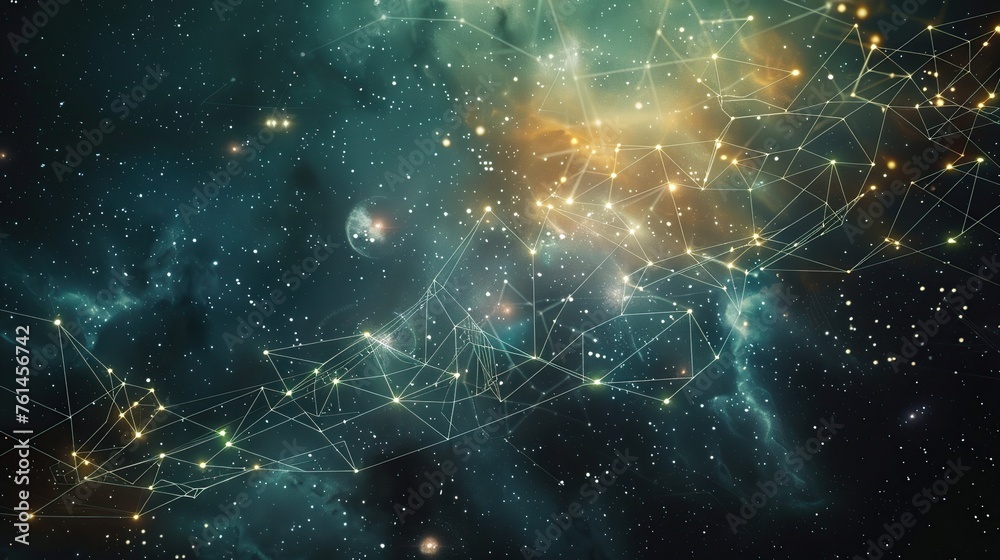 Illustration of cosmic connections with gold and blue hues, resembling a celestial map on a ...