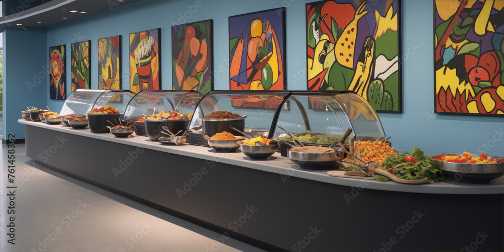 Abstract colorful paintings of fruits and vegetables hang on a blue ...