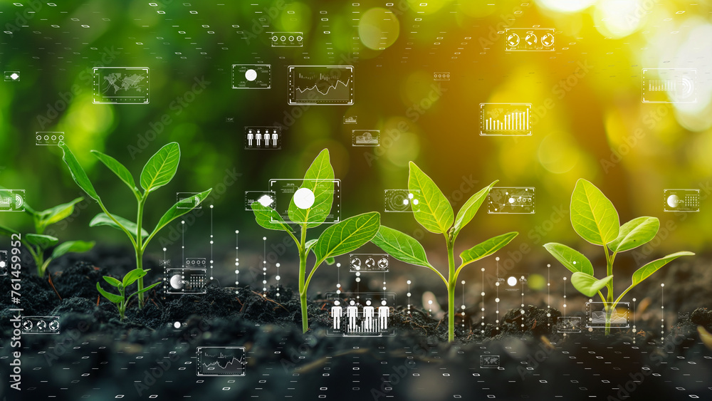 Sustainable technology theme with a holographic globe in nature, urban ...