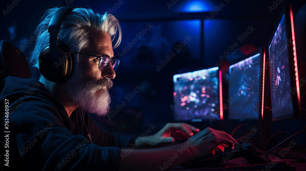 Foto de Side view of a gray-haired middle-aged man, streamer, Gamer ...