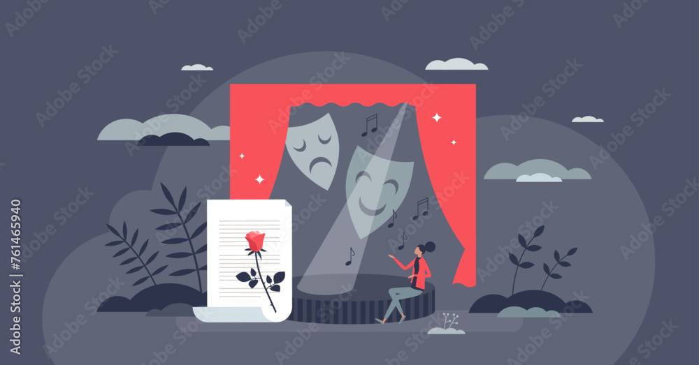 Theater and musical art performance on artistic stage tiny person ...