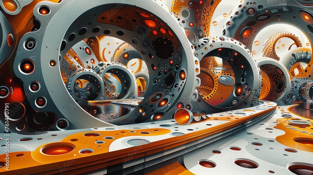 Amidst a modernist background pattern abstract 3D shapes form a surreal ...