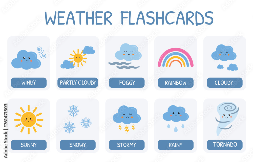 Cute weather flashcard vector set. Kids Flash cards with funny sun ...
