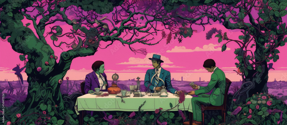 Surreal illustration of three men in suits having tea party in ...