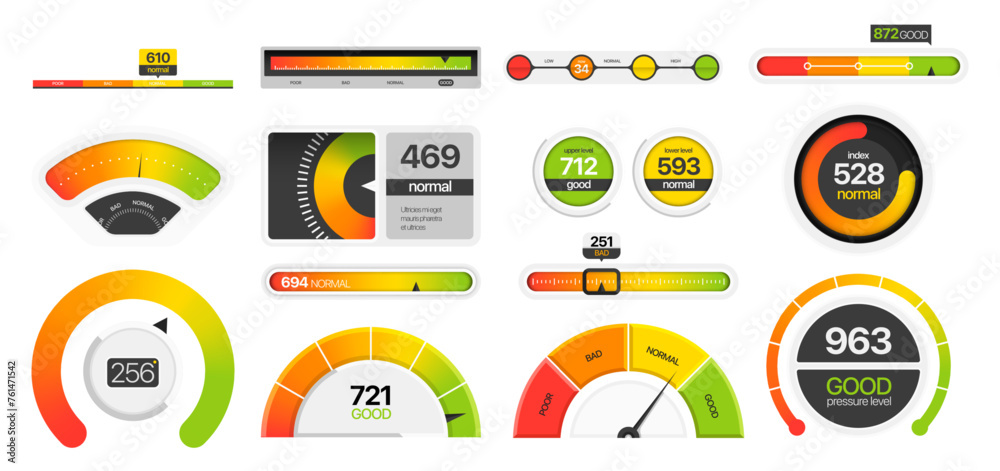 Gauges measuring scale. Progress bar and tachometer dials, energy level ...