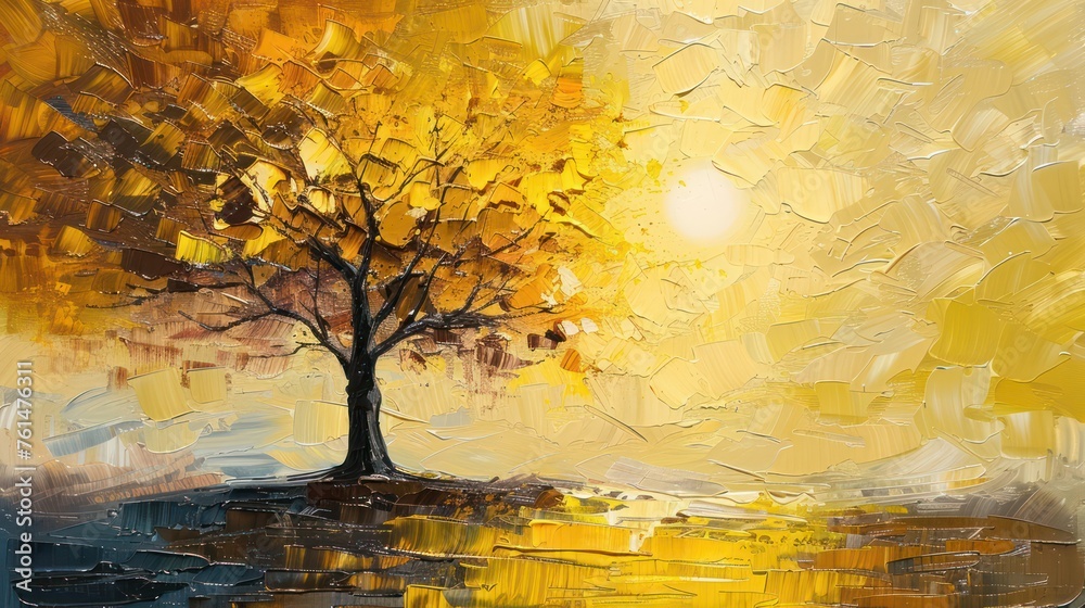 This painting showcases a solitary tree in autumn, using a rich impasto ...