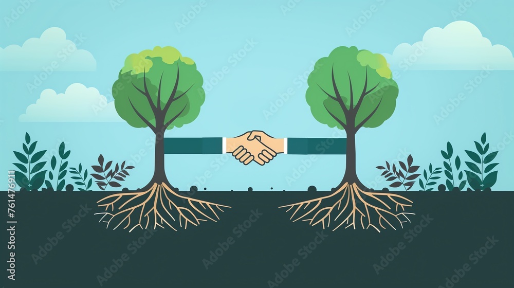 A business concept of stability and loyalty with two trees with roots ...
